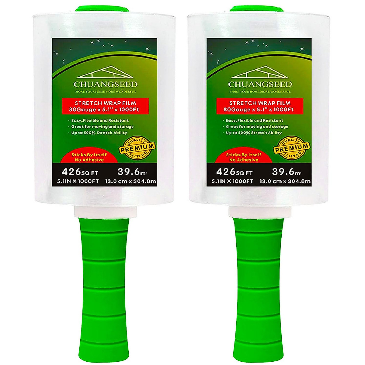 2-Pack Industrial Mini Clear Stretch Wrap Film 80 Gauge 5.1" 1000ft for Pallet Wrap with Plastic Handle,Durable Self-Adhering Packing,Moving,Packaging,Heavy Duty Shrink Film Chuangseed