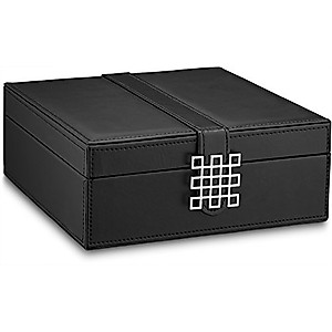 Glenor Co Ring Organizer Box - 108 Slot Classic Jewelry Display Holder - 2 Storage Trays with Modern Buckle Closure, Large Mirror - Holds Rings and Cufflinks - PU Leather Case - Black