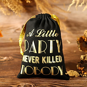 SHERWAY Gold Foil Wedding Bachelorette Party Favor Bags for Hangover Kits, Bridal Shower Wedding Party Cotton Drawstring Bags for Bridesmaid Gifts (10pcs, Black, 5 x 7 Inch)
