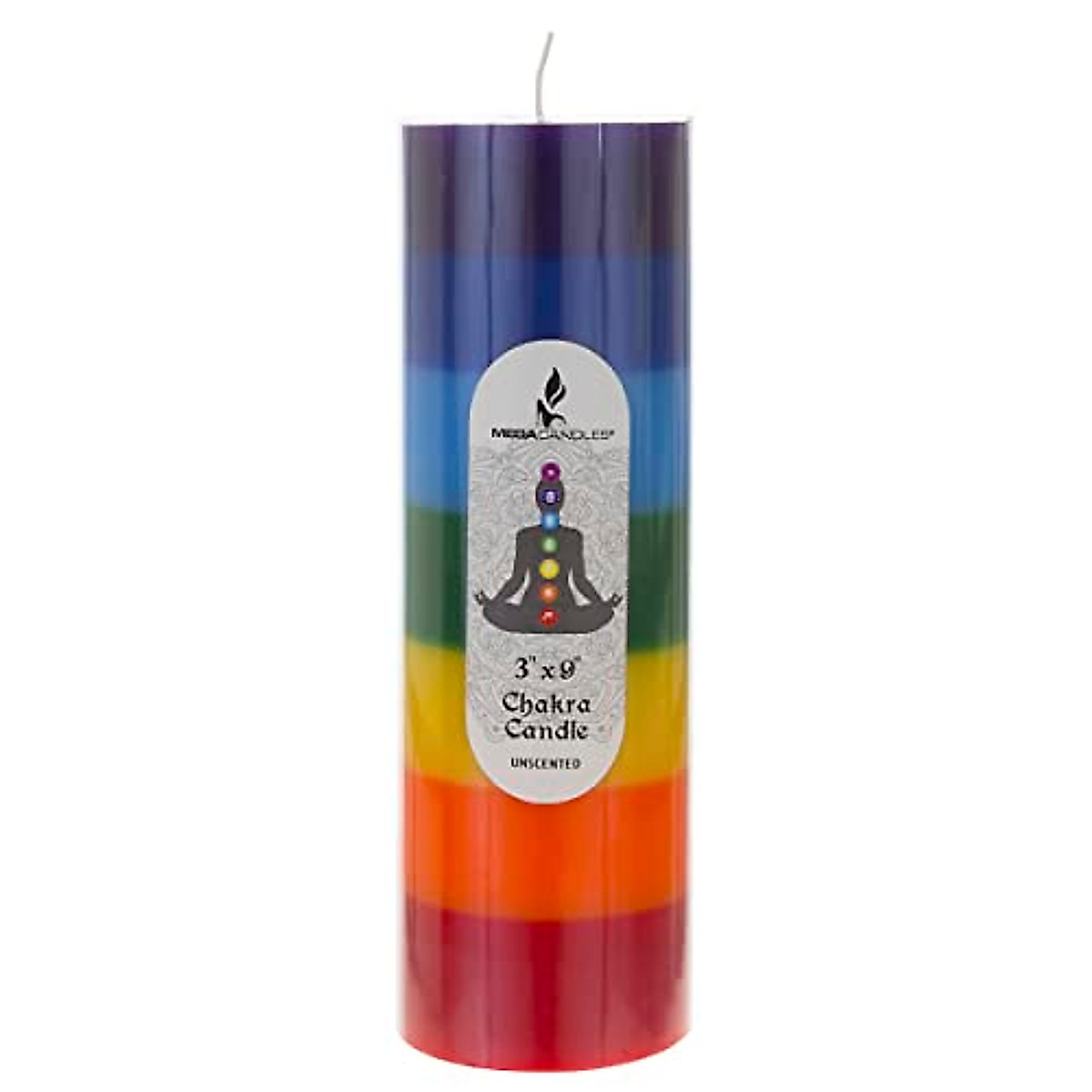 Mega Candles 3 pcs Unscented Multi Color Chakra Round Pillar Candle, Hand Poured Premium Wax Candles 3 Inch x 9 Inch, Cotton Wick, Positive Energy, Meditation & Relaxation