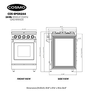 COSMO COS-EPGR244 24 in. Haven Collection 3.73 cu. ft. Gas Range with 4 Sealed Burners, Cast Iron Grates, Convection Oven, Stainless Steel