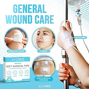 JJ CARE Soft Surgical Tape [Pack of 4], 2” x 10 Yards Soft Cloth Tape, Latex-Free Cloth Medical Tape for First Aid, Breathable Cloth Surgical Tape, Hypoallergenic Adhesive