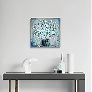Canvas Wall Art for Living Room Bedroom Bathroom Framed Paintings Modern Farmhouse Blue Flower Wall Decor Picture Artwork for Home Prints Size 14x14
