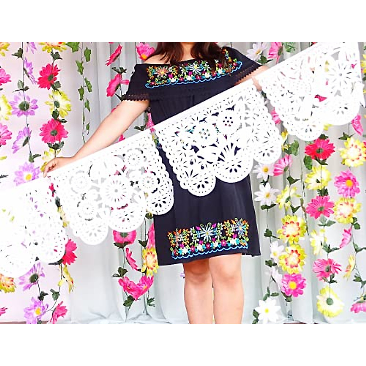 Mexican Party Decorations, 5 Pk White Papel Picado Banner Over 83 Feet long, For Wedding decorations, quinceañeras, birthdays, Mexican PAPER 50 Wedding Flags on string WS93