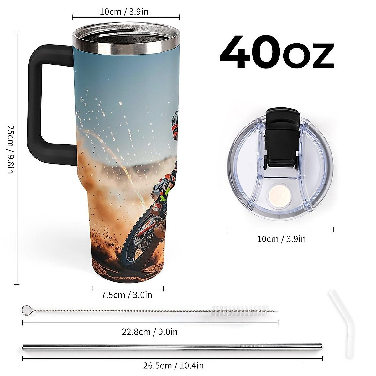 FHESDCW Sports Motorcycle Tumbler with Handle And Straw 40 Oz Leak Proof Large Capacity Car Cup Cupholder Friendly Stainless Steel Travel Coffee Mug Keep Cold Or Hot Black-style