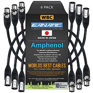 6 Units - 1 Foot - Canare L-4E6S, Star Quad Balanced Male To Female Microphone Cables With Amphenol AX3M & AX3F Silver XLR Connectors - CUSTOM MADE By WORLDS BEST CABLES