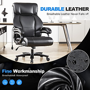 Huatean Home Big and Tall Office Chair 500LBS, Executive Office Chair for Heavy People, Heavy Duty Office Chair for Long Hours, Breathable Leather Ergonomic Office Chair for Back Pain Relief, Black