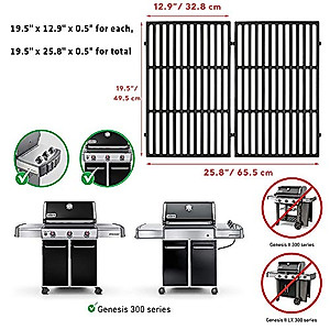Uniflasy 7524 Cooking Grates for Weber Genesis E and S 300 Series, (19.5 x 12.9 x 0.5) Genesis E310 E320 E330 S310 S320 S330 Gas Grill, Genesis Grill Parts Replacement Cast Iron Grill Grates, 7528