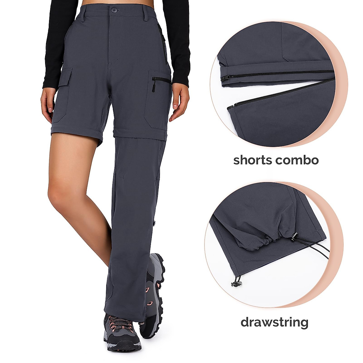 Cycorld Women's-Hiking-Pants-Convertible Quick-Dry-Stretch-Lightweight Zip-Off Outdoor Pants with 5 Deep Pockets (Grey, Medium)