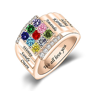 YOOURNEONS Personalized Sterling Silver Names Ring with 1-9 Simulated Birthstones for Women Free Engraving Family Rings for Mother Grandma Christmas Gifts for Her (9 stones)