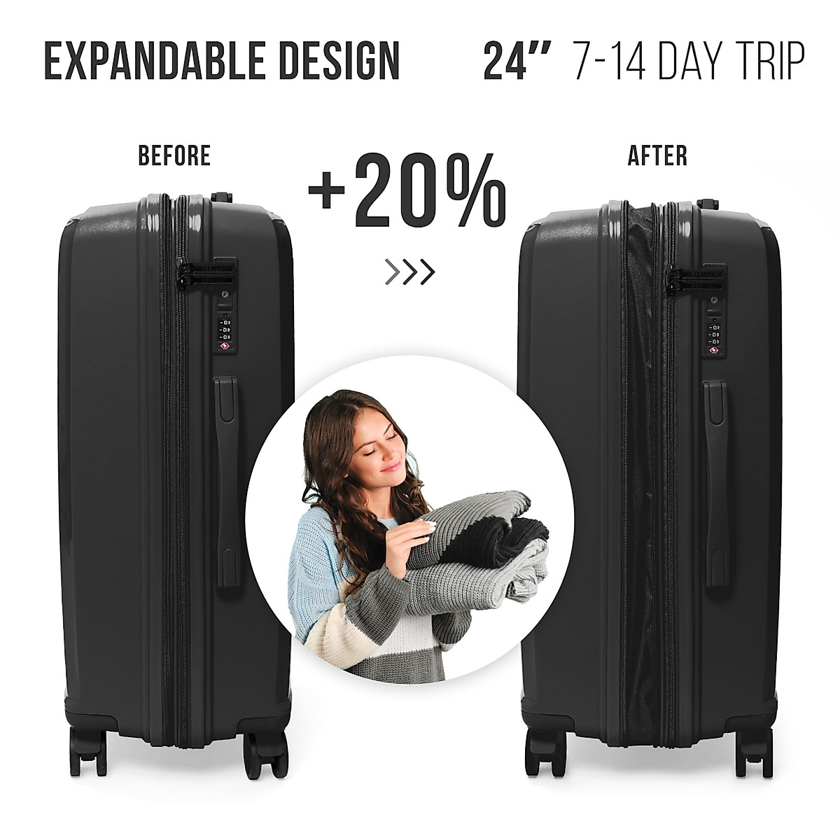 Feelway Hardside Checked 24" Luggage Suitcase Durable, Expandable Design with 360° Double Spinner Wheels, TSA Lock, Telescopic Handle, Secure Zipper (Black, 24")