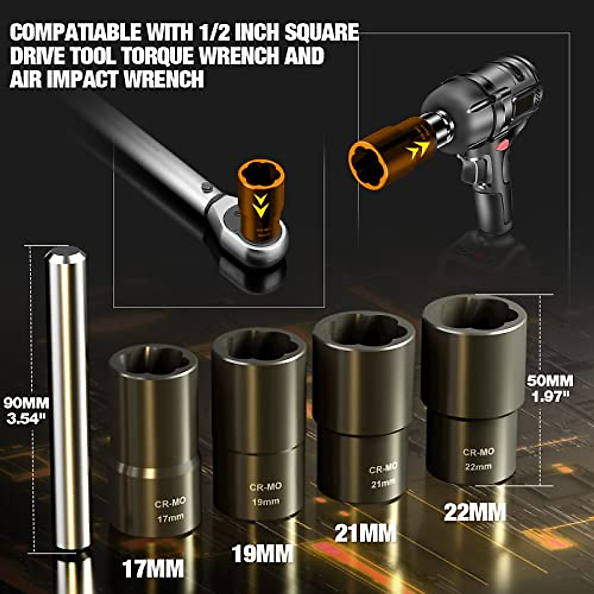 Dynofit 5-Piece Twist Socket Set 1/2" Drive Impact Extractor Tool for Removing Rust Deformation Peeling and Breaking Lug Nut/Wheel Bolt Metric 17mm 19mm 21mm 22mm with Drift Punch Nut Removal Bar