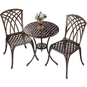 ZOTORUN Bistro Set 3 Piece Cast Aluminum Patio Furniture Sets 2 Chairs and 1 Round Table with Umbrella Hole for Outdoor, Patio Balcony, Bronze