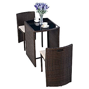 Casart 3 Pieces Wicker Patio Set Outdoor Dining Table W/Glass Top Coffee Table and 2 Wicker Chairs for Lawn, Garden Convention Bistro Set