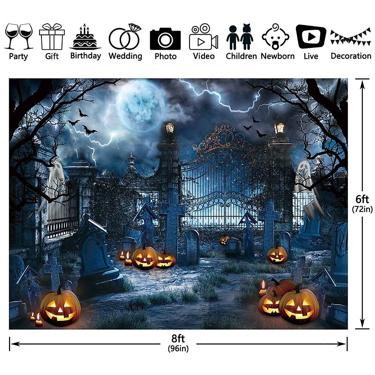 Swepuck 8x6ft Halloween Haunted Graveyard Photography Backdrop Pumpkin Lantern Spooky Night Moon Background Kids Ghost Party Decorations Banner Photo Booth
