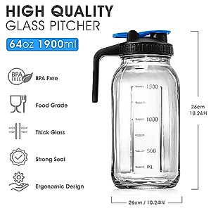 Glass Pitcher with Lid, 2 Quart(64oz) Mason Jar Pitcher with Pour Spout Handle Lid, Large Wide Mouth Jar Leak-Proof Airtight Water Jug for Sun Tea, Juice, Milk, Tea, Lemonade, Coffee, Drinks