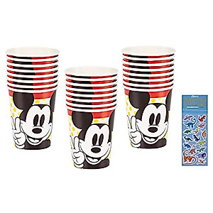 Unique Mickey Mouse Birthday Party Supplies Bundle Pack includes 24 Party Paper Cups and 1 Dinosaur Sticker Sheet