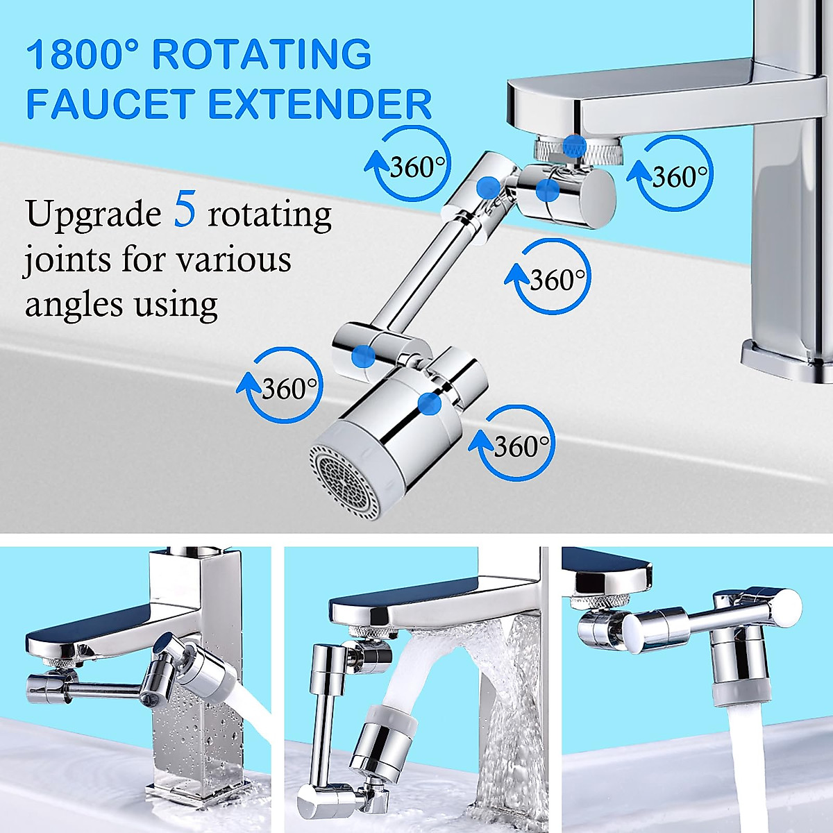 S USECRET 1800° Swivel Faucet Extender for Bathroom Sink Water Aerator - 2 Mode Splash Filter Extension, 360° Angle Rotatable Spray Attachment, Multifunctional Robotic Arm-Washing Eye/Hair/Face