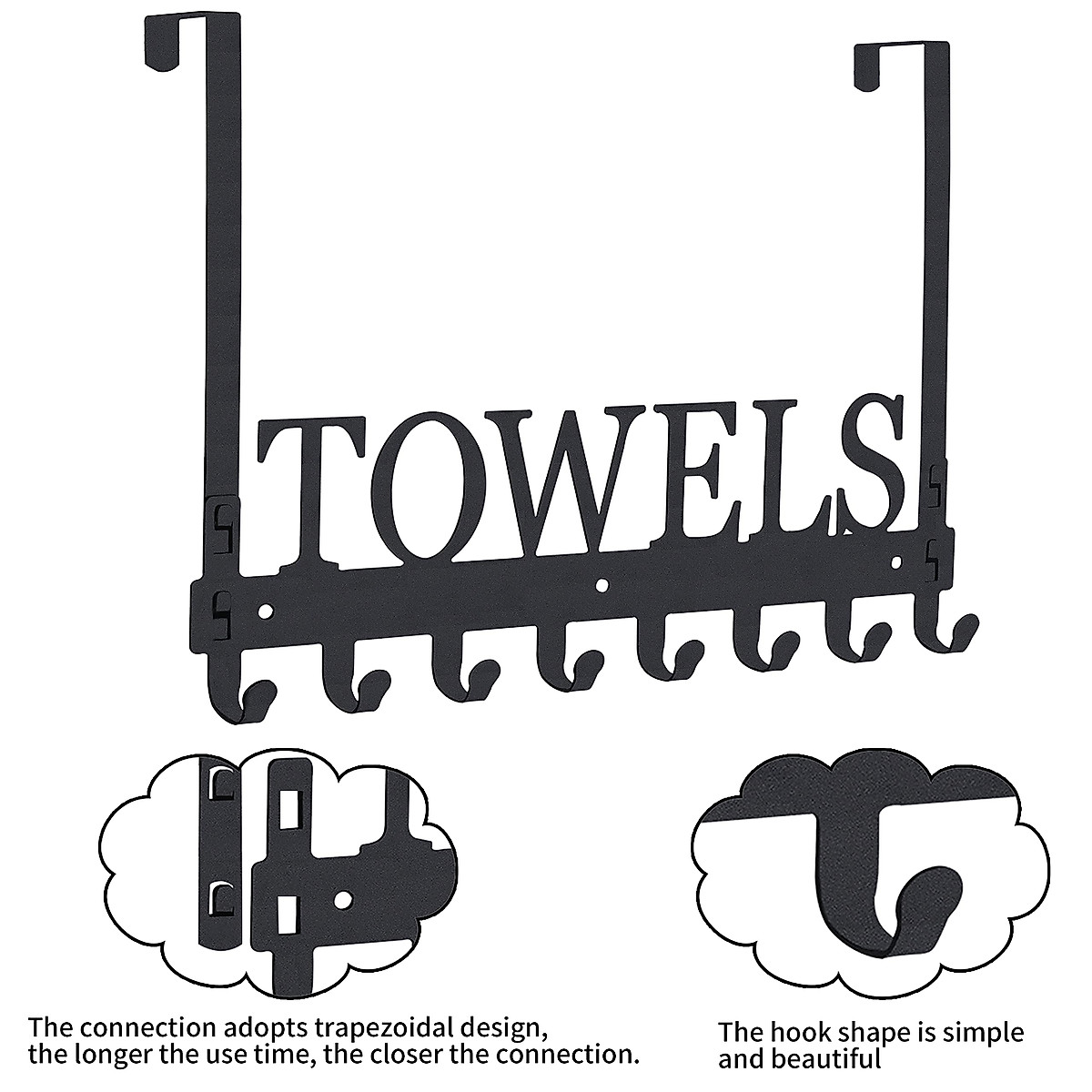 Over The Door Hooks, Towel Holder for Bathroom, Door Mount Towel Rack Towel Hooks for Bathroom Kitchen Pool Beach Towels Bathrobe Wall Mount Towel Hanger Metal Sandblasted (Black)