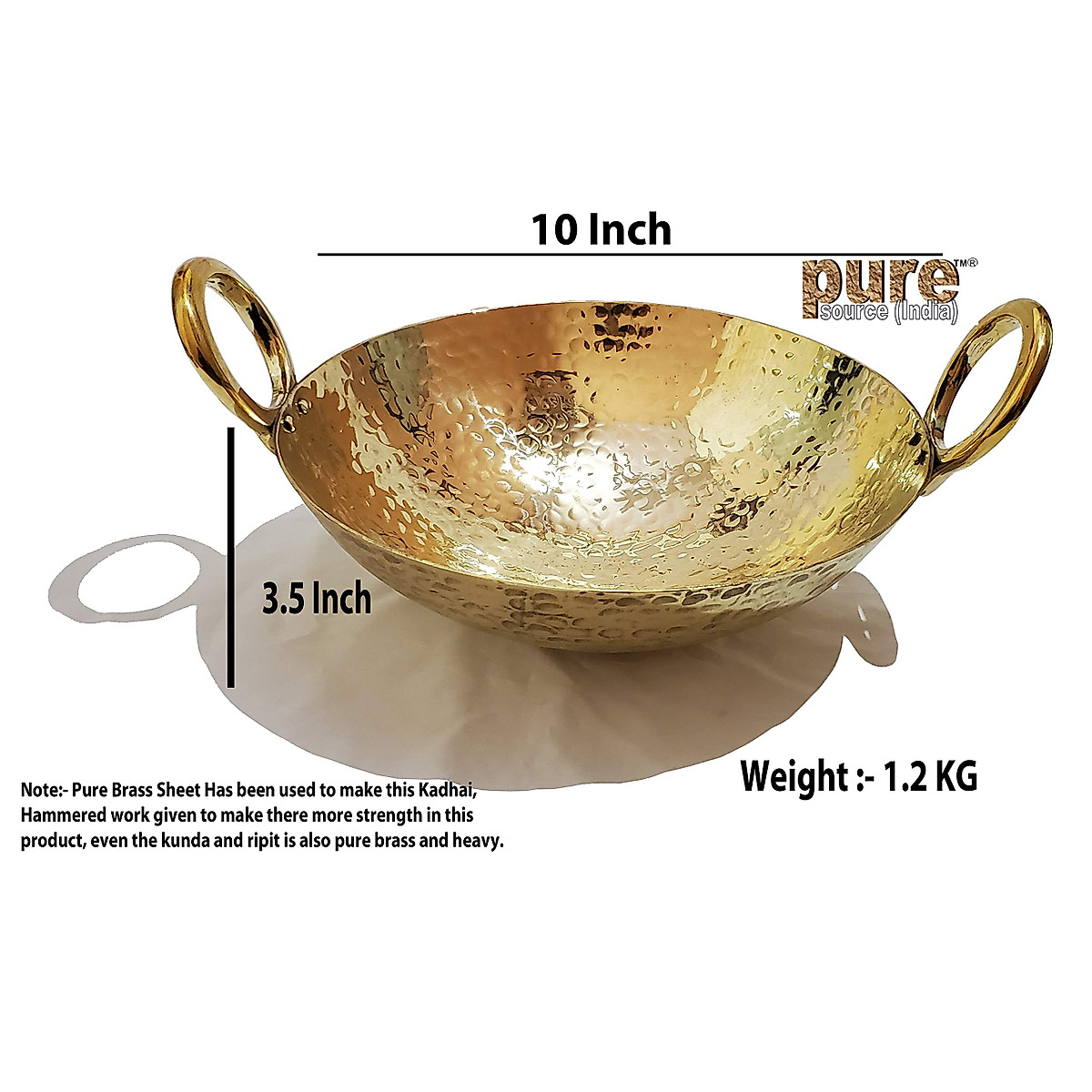 Pure Source India Heavy Duty Brass Kadhai, for Cooking Serving,(Brass Kadai 10 x 3.5 Inch)