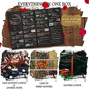 Witchcraft Supplies Kit, 60 PCS Wiccan Supplies and Tools, Include Dried Herb, Crystal Jars, Colored Candles, Witch Bell, Parchment, Witchy Gifts, Witch Starter Kit Altar Supplies Pagan Decor Rituals