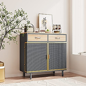 ZeHuoGe 31.5'' Accent Cabinet Sideboard Buffet, Iron Rattan Console Televison Table with Pop-up Doors, 2-Tier Storage Cabinet Buffet Sideboard (Gray)