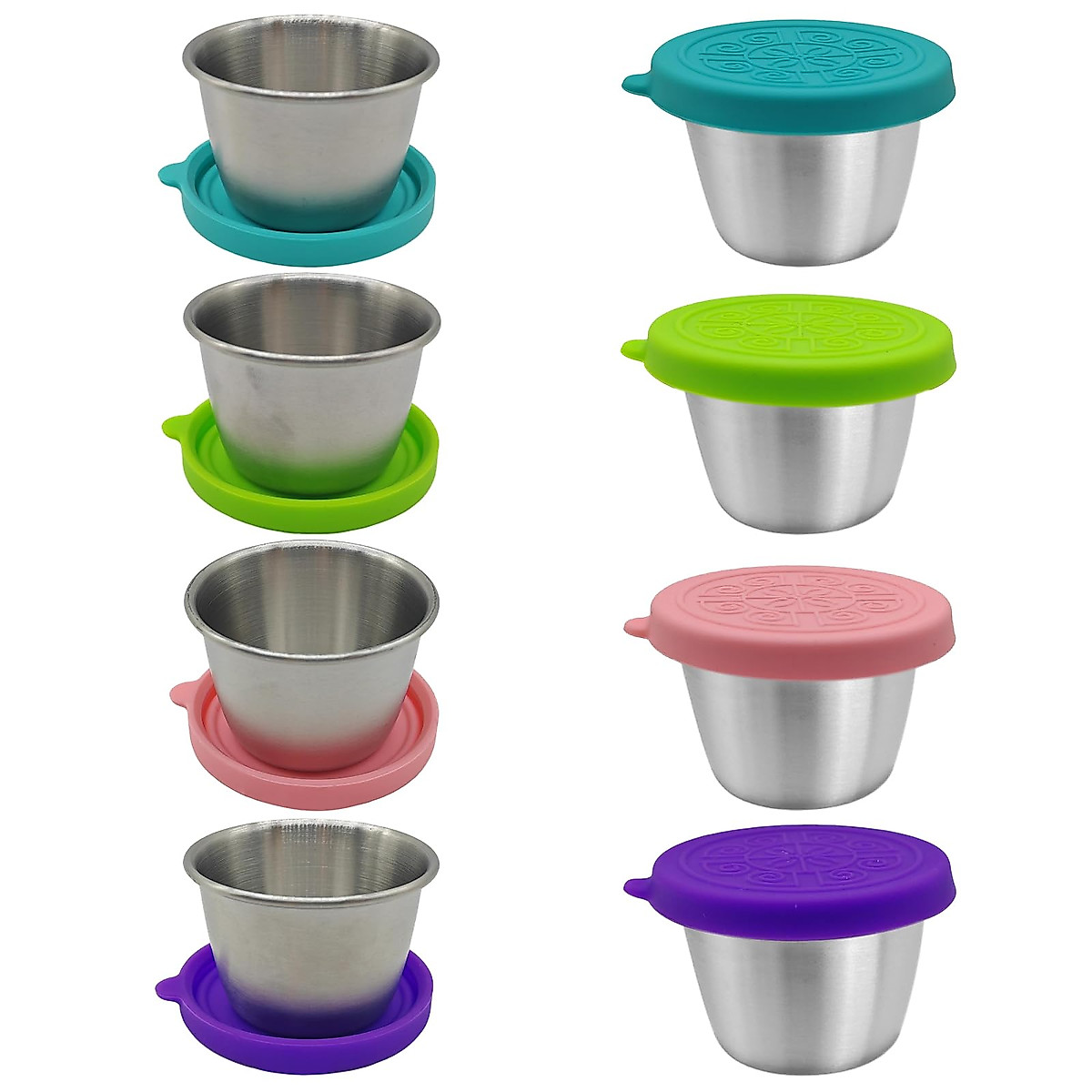 NANSHINE 8pcs Salad Dressing Container To Go, 2.4oz/70ml Stainless Steel Condiment Containers with 4 Colors Silicone Lids, Leakproof Dipping Sauce Cups For Lunch Box, Picnic, Travel