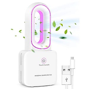 Desk Fan Small Bladeless Personal Fan Quiet Mini Table Fan 12'' Touch Control 4000mAh Rechargeable Portable Fan with 6-Colors LED Ambient Light for Office Home Bedroom Nightstand White