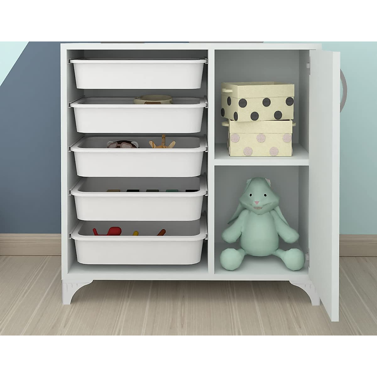 Dresser Closet Organizer and Storage Bins Drawer Toy Storage Chest Shelves Shoe Cabinet Rack Bookshelf Bathroom Office Kitchen Pantry Organizer Garage Organization (White, 5 Basket with Door)