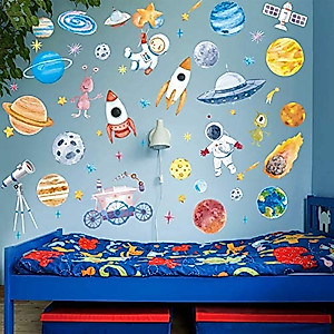 6 Sheets Space Astronaut Spacecraft Wall Decal Space Planet Wall Sticker Solar System Wall Decals Galaxy Astronaut Rocket Alien Wall Mural for Boys Kids Classroom Nursery Bedroom Home Decoration