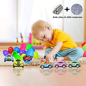 YIMIPHER 12 Filled Easter Eggs with Pull Back Cars, Toy Prefilled Plastic Easter Egg for Kids, Easter Hunt Party Favors Basket Stuffers, Easter Goodie Bags Fillers