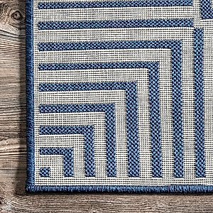 nuLOOM 7' Round Outdoor Area Rug, Casual Design With Striped Border, Stain Resistant, Highly Durable, For Patio, Balcony, Bedroom, Living Room, Dining Room, Bathroom, Navy