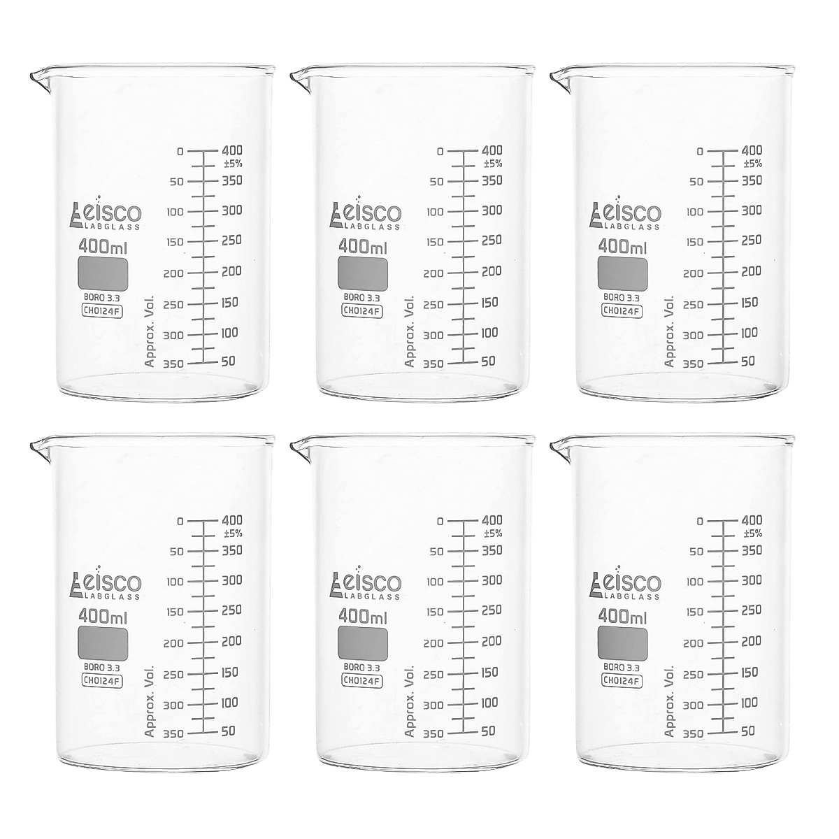 EISCO 6PK Beakers, 400ml - ASTM - Low Form with Spout - Dual Scale, White Graduations - Borosilicate 3.3 Glass Labs