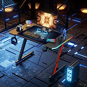 Homall Gaming Computer Desk with Carbon Fiber Surface, Gaming Table Z Shaped PC Home Office with Cup Holder&Headphone Hook(47 in, Black, Led Light)