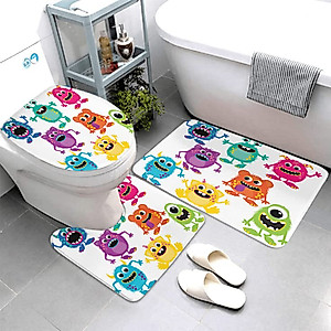 LOKMU 4 Pcs Shower Curtain Sets with Non-Slip Rugs, Toilet Lid Cover and Bath Mat,Cartoon Fluffy Monsters Cute Little Kid Waterproof Shower Curtain with 12 Hooks, Bathroom Decor Sets, 72" x 72"
