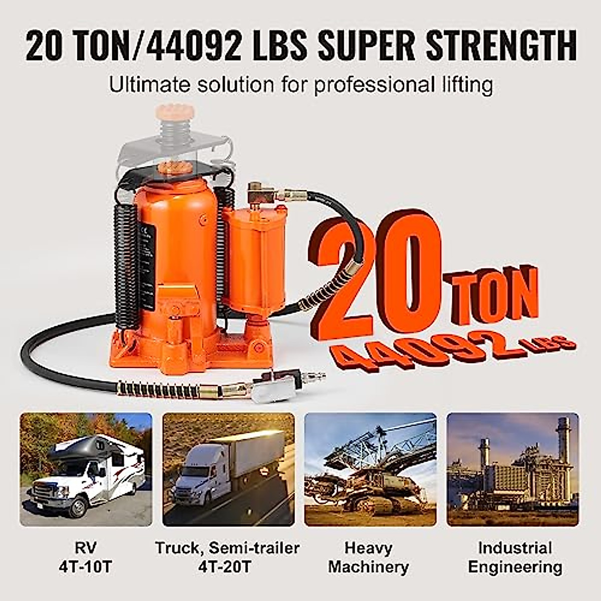 VEVOR Air Hydraulic Bottle Jack, 20 Ton/44,092 LBS All Welded Bottle Jack, 10.4-19.7 inch Lifting Range, Manual Handle and Air Pump, for Car, Pickup, Truck, RV, Auto Repair, Industrial Engineering