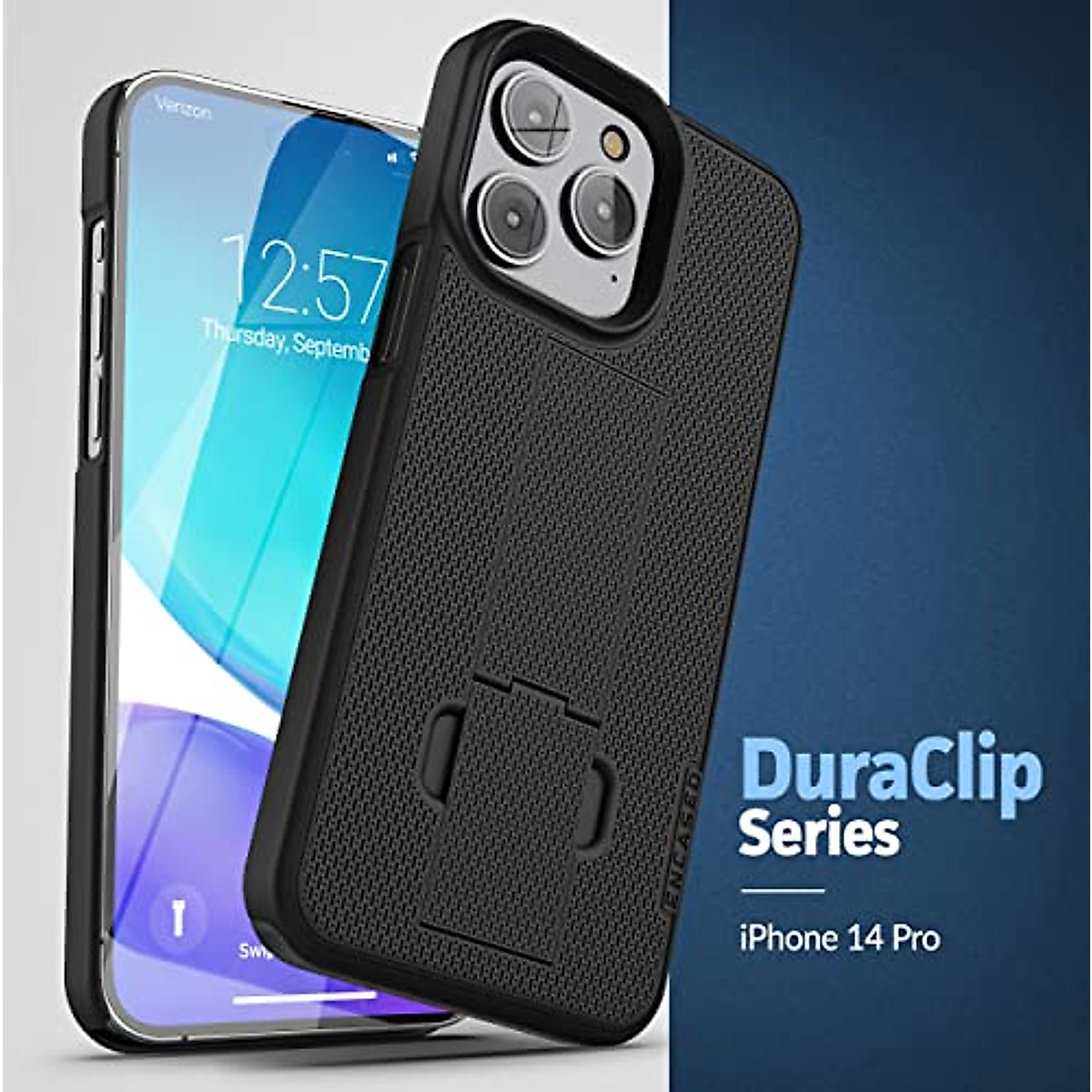 Encased DuraClip Holster Designed for iPhone 14 PRO Case with Belt Clip and Kickstand (Matte Black)