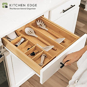 KitchenEdge Adjustable Kitchen Drawer Organizer for Utensils and Junk, Food-Safe Contract Grade with 100% Sustainable Wood, Non-Slip, Expandable from 10.5 to 18.5 Inches Wide - Natural Bamboo