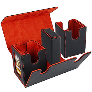 AFIING Mtg deck box with commander display- Fits 200 Double Sleeved Cards,3-in-1Card Deck Case,Strong Magnet Card Organizer For Magic Commander TCG CCG,4Dividers &2 Toploaders, Black/Red