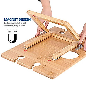 Ollieroo Portable Picnic Table for Wine and Glass, Outdoor Wooden Foldable Champagne Picnic Table, Bamboo Snack & Cheese Tray for Indoor/Outdoor
