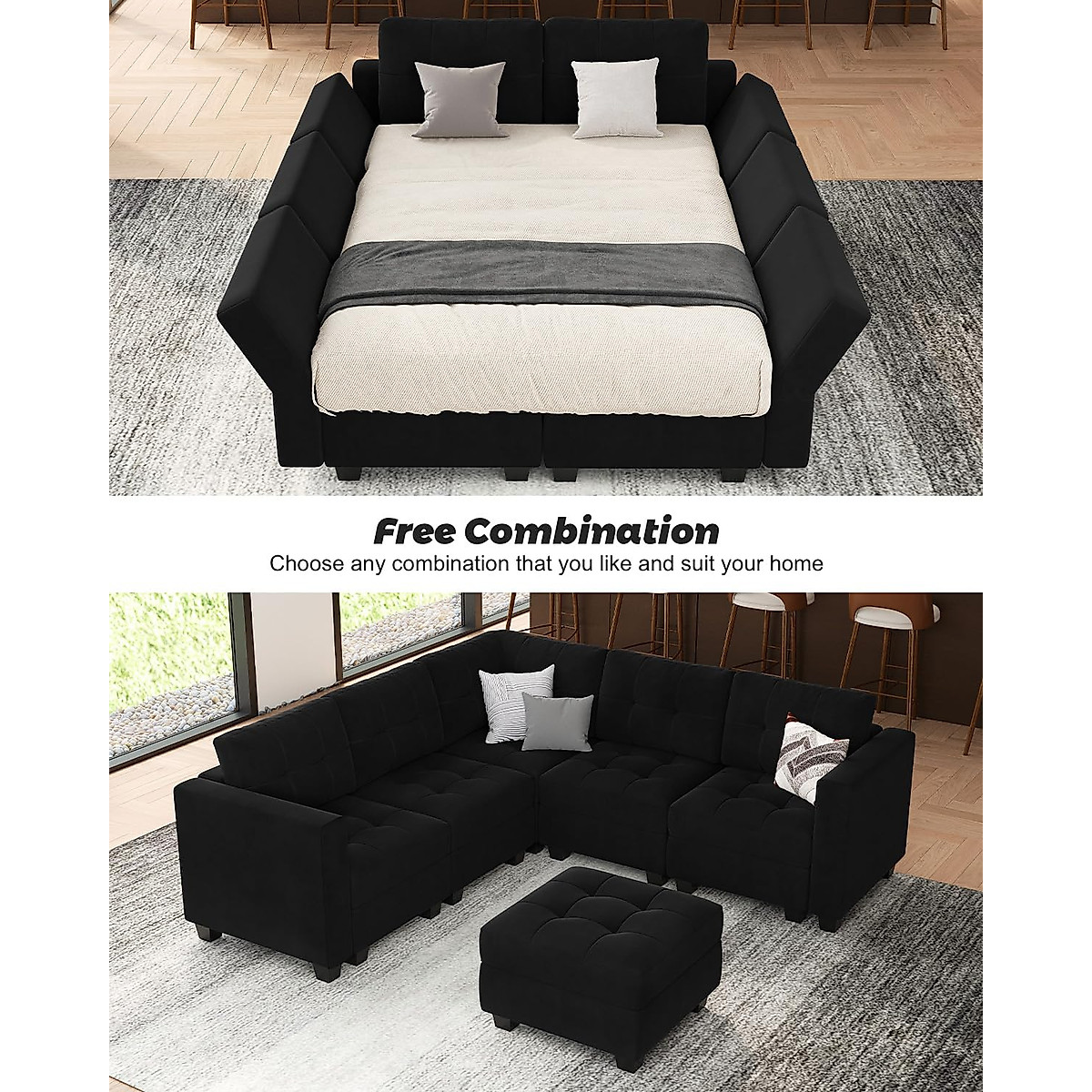 Belffin Modular Sectional U-Shaped Sofa Couch, Oversized Sectional Sleeper Sofa with Chaise and Ottoman, Modular Sofa Set with Stoarge Seat, Black