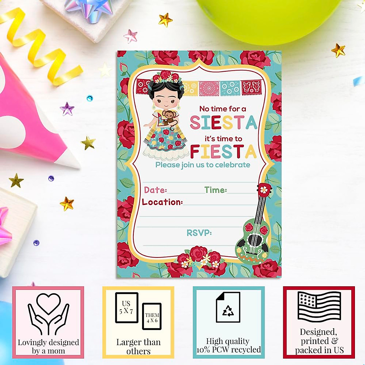 Amanda Creation Frida Fiesta Themed Birthday Party Invitations, 20 5x7 Fill In Cards with Twenty White Envelopes