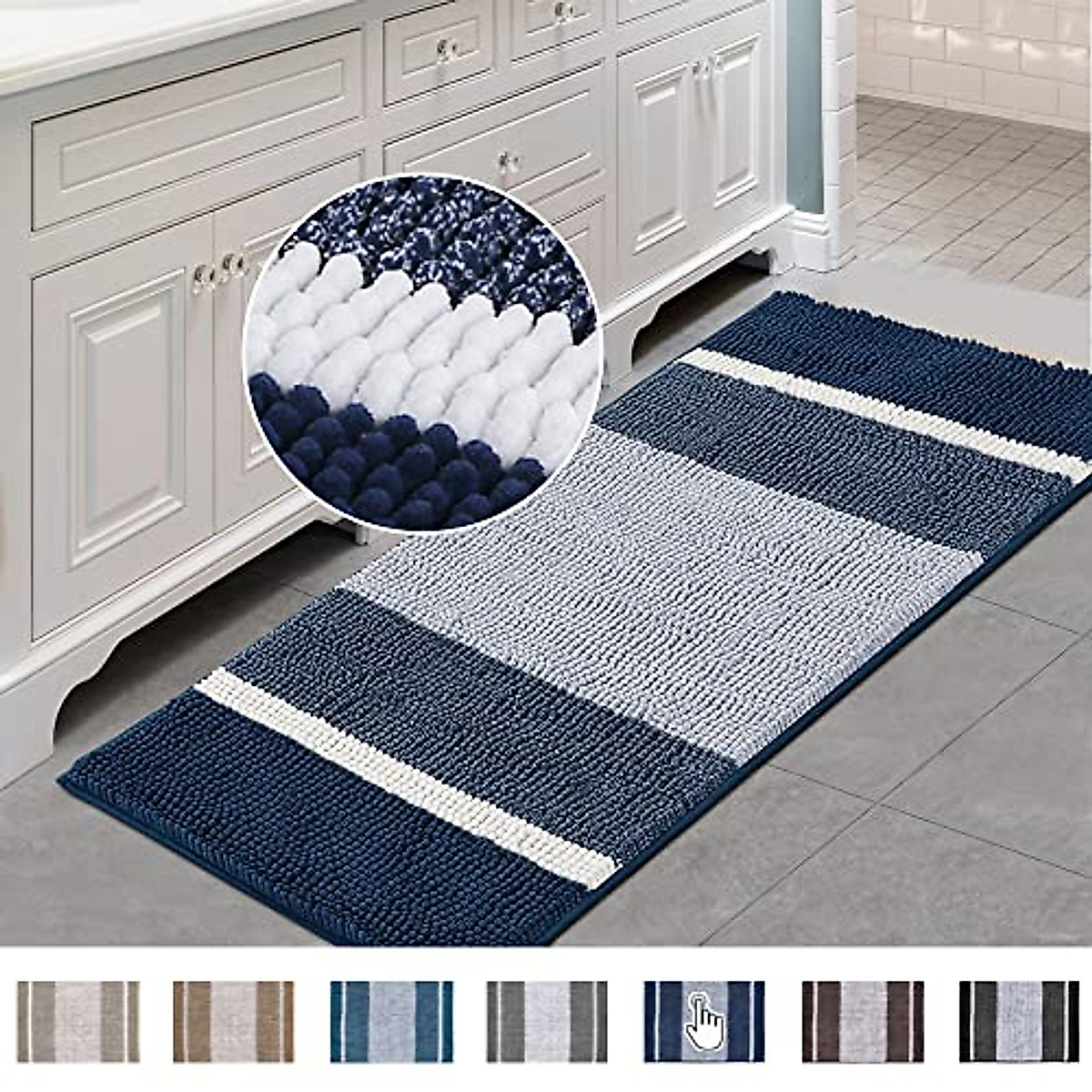 Luxury Chenille Microfiber Floor Mat for Living Room Bedroom, Gradient Navy Stripe Pattern Shag Plush Rug, Soft Non Slip Absorbent Bathmat Washable Home Decor, (47×20 inch, Navy)