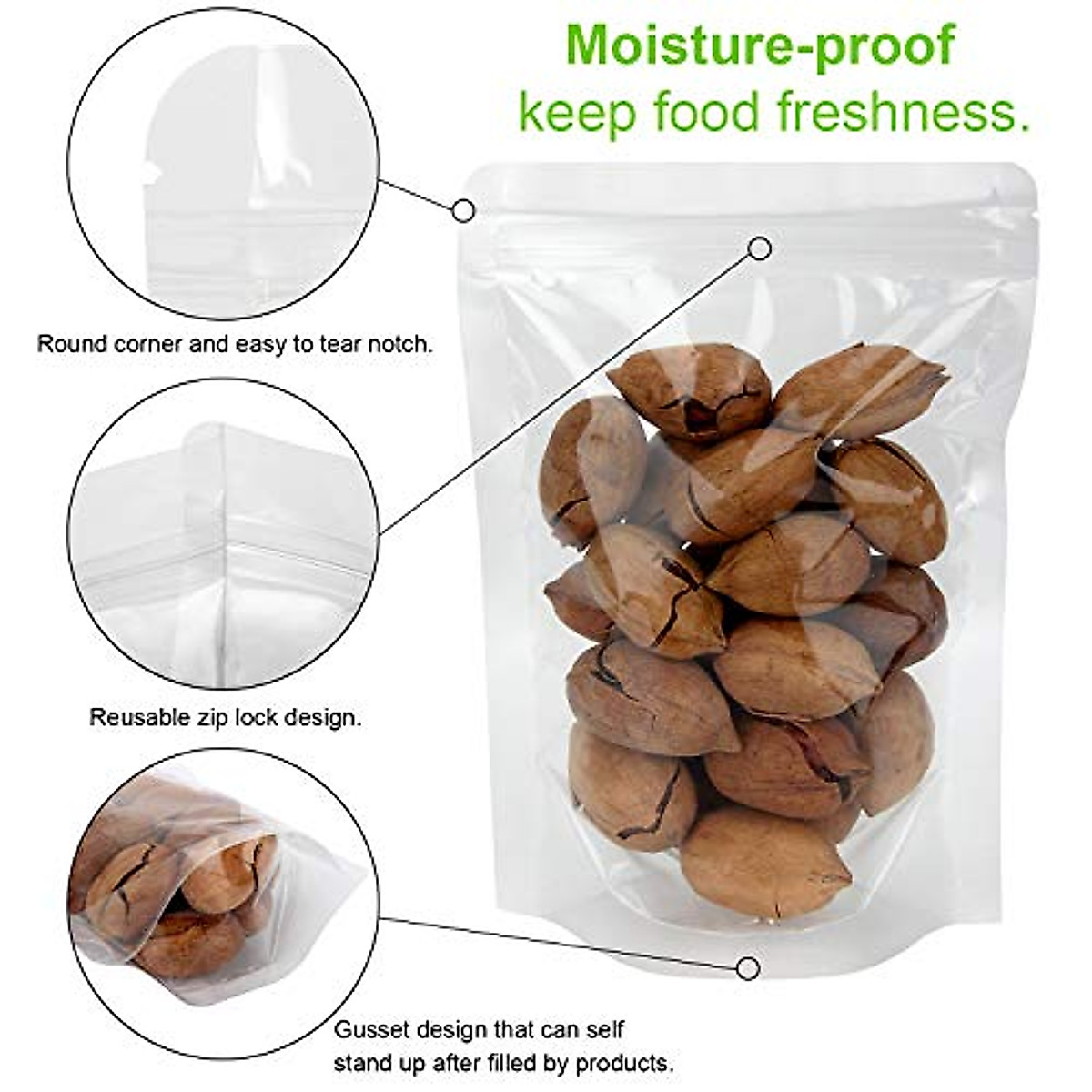 Blisstime 50 Pack Stand Up Pouch Bags, Resealable Clear Zip Lock Pouches With Tear Notch for Food Packing (3.9 X 5.9IN)