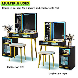 HNEBC Vanity Desk with Mirror and Lights,White Vanity Set with USB&Type-C&Wireless Charging,Makeup Vanity with Drawers/Stool, Voice Control Switch Vanity Makeup Desk for Bedroom&Dressing Room,Black