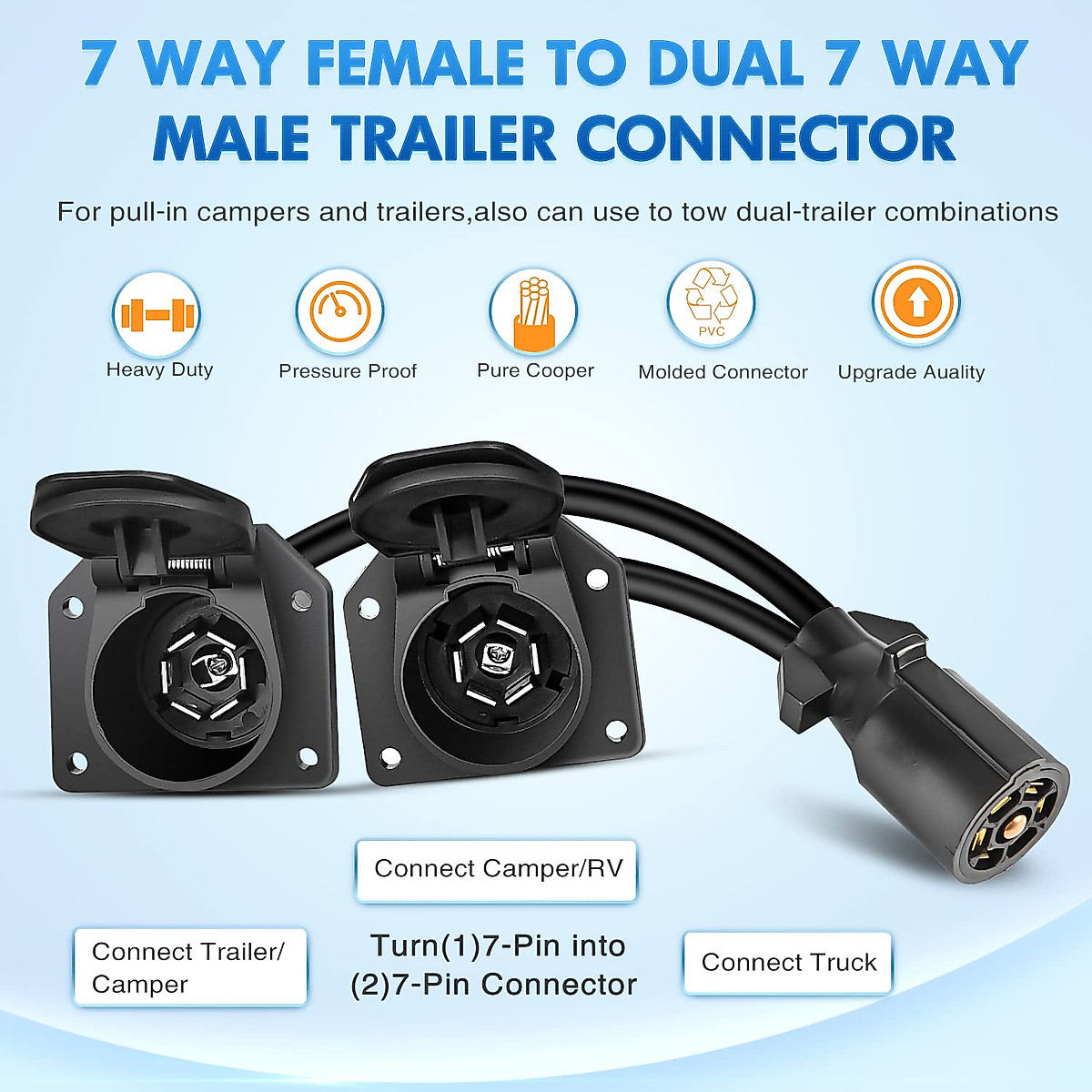 Nilight 7 Way Trailer Plug Y Pigtail Splitter Double Brasse 7 Pin Female to Dual Male Trailer Plug Round Blade Connector for Connecting Slide in Truck Camper and Trailer Y Splitter, 2 Years Warranty