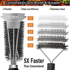 POLIGO Safe Grill Brush and Scraper with Deluxe Handle - 18" Grill Cleaner Brush Stainless Steel Bristle Grill Brush for Outdoor Grill Wizard Grate - BBQ Brush for Grill Cleaning Ideal Grilling Gifts