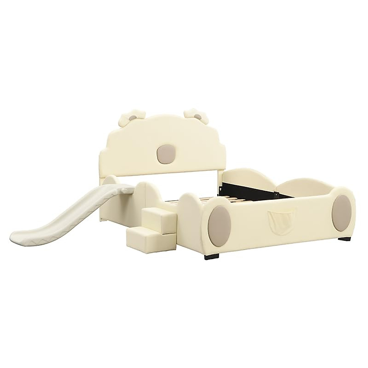 BOVZA Kids Cute Full Size Upholstered Platform Bed Frame with Children's Slide and Piglet Shape Headboard, Wooden Slats Support, No Box Spring Needed, Beige