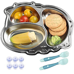HOLIPOT 304 Stainless Steel Divided Plates, Food-Grade Toddlers Babies Kids Tray, 1300 Ml Toddler Plates with Suction, Self Feeding Training Kids Plates,Fits for Most High chairs Trays(Hippo)