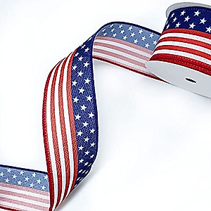 Hying 4th of July Patriotic Ribbons 2.5" X 10 Yards, American Flag Wired Edge Ribbons Stars Stripes Ribbons Blue Red Burlap Ribbon Memorial Day Ribbons Bow for Wreath Gift Wrapping Decorations